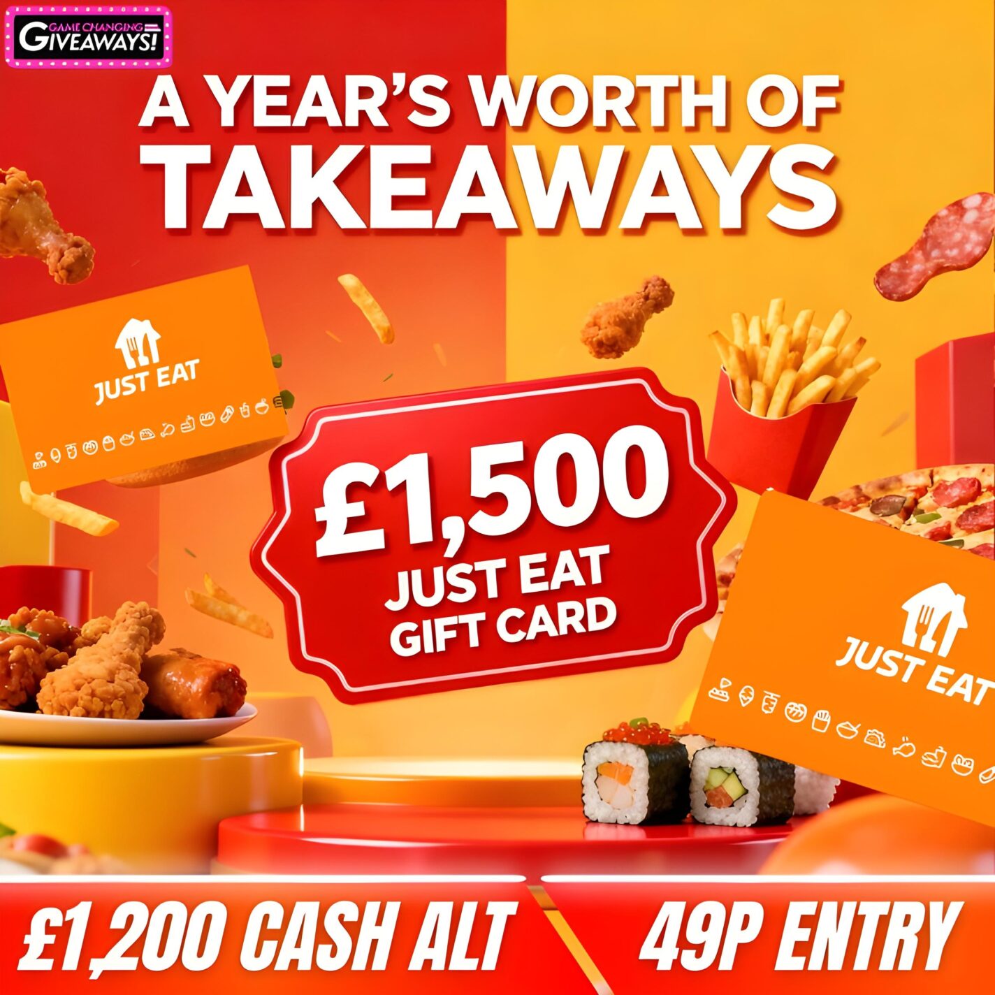 A Year's Worth of Takeaways - £1,500 Just Eat Gift Card or £1,200 Cash ...